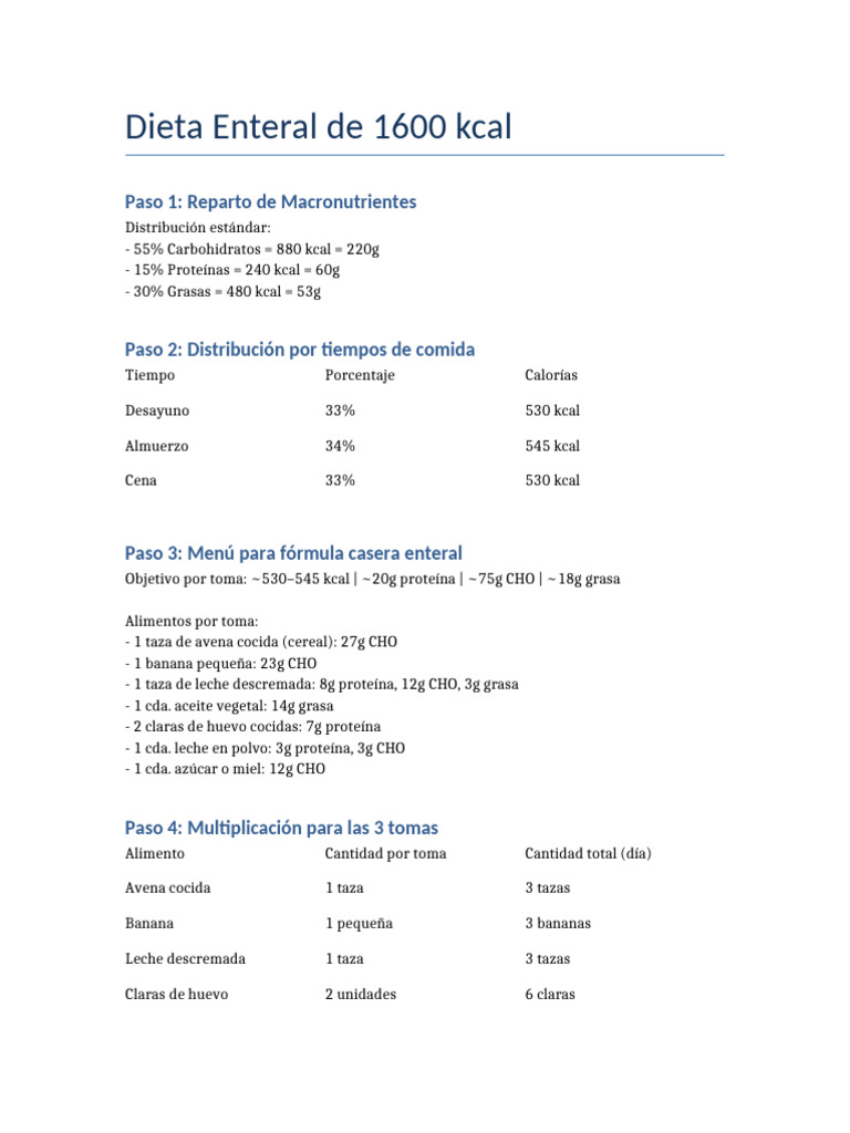 Dieta Enteral Artesanal 1600 kcal | PDF