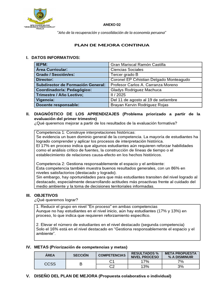 ANEXO 02-Plan de Mejora - CCSS - 3ro | PDF | Maestros | Enseñando
