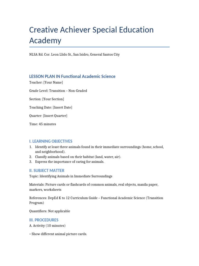 Functional Science Lesson Plan: Animals | PDF | Lesson Plan | Learning