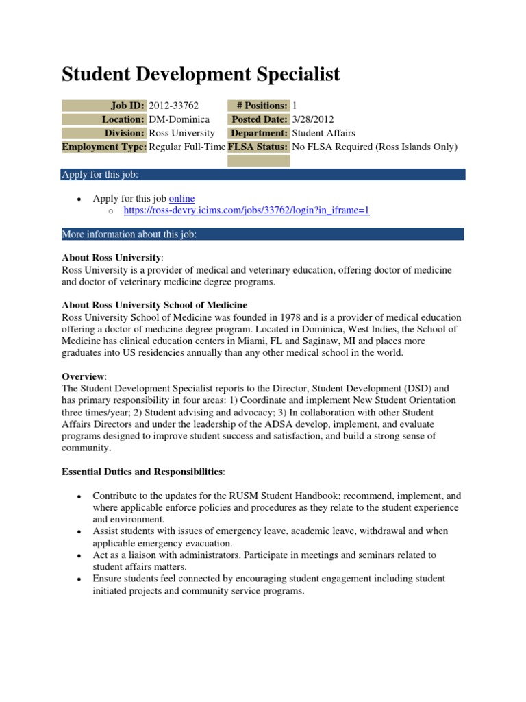 Student Development Specialist Job Description | PDF | Student Affairs ...