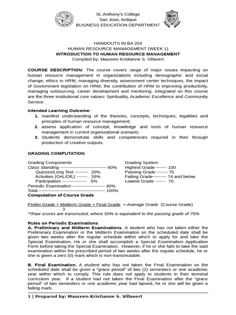 Ba 204 HRM Prelim Handouts | PDF | Cost Of Living | Human Resource Management