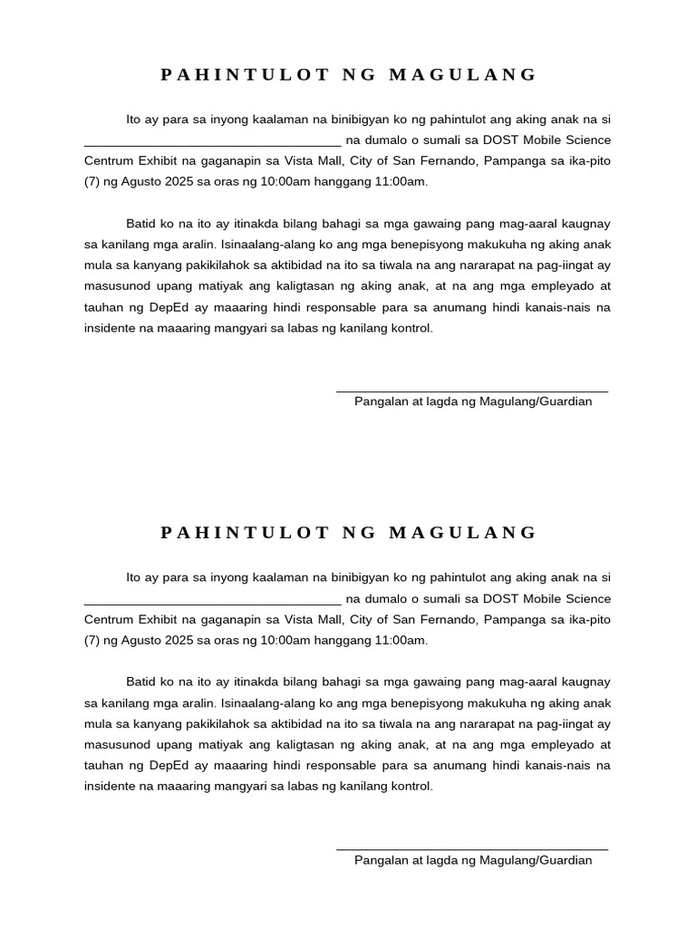Parental Consent Tagalog 2025 | PDF