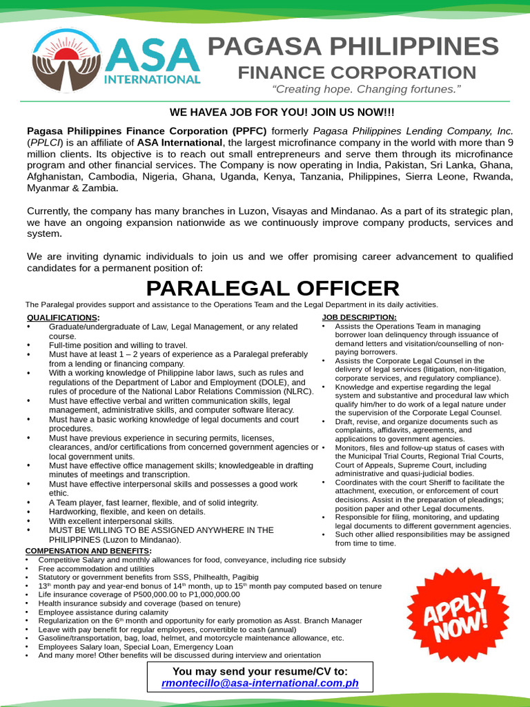 Job Hiring - Paralegal Officer | PDF | Paralegal | Microfinance