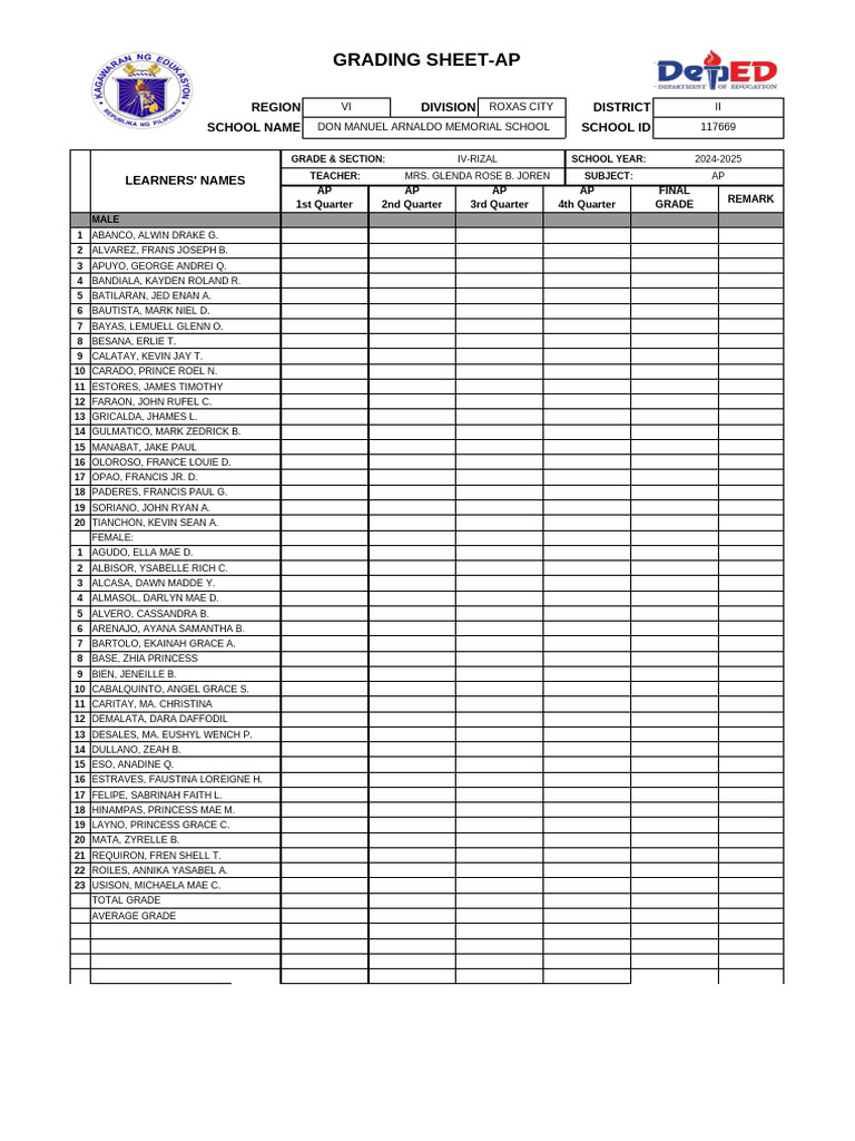 Grading Sheet-Ap: Region Division District School Name School Id | PDF