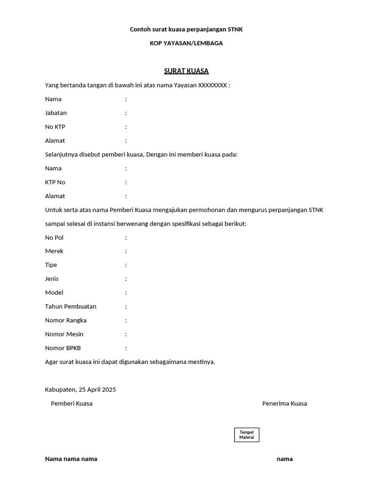 Surat Kuasa Perpanjangan STNK Motor | PDF