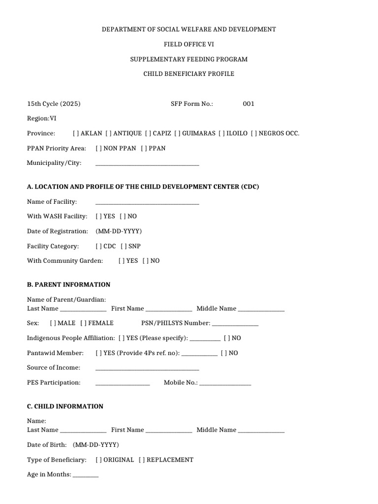DSWD SFP Child Beneficiary Profile Formatted A4 | PDF | Human Development | Family