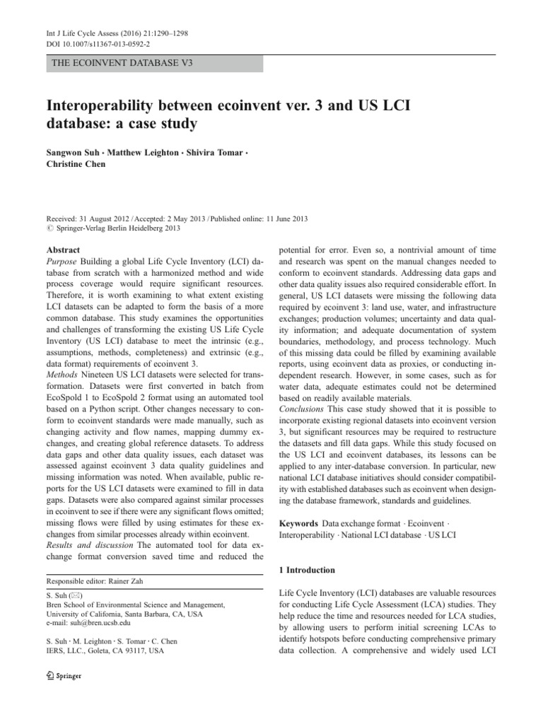 Interoperability Between Ecoinvent Ver. 3 and US LCI | PDF | Life Cycle ...