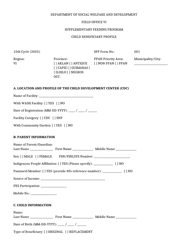 SFP Child Beneficiary Profile 2025 Drafted A4 | PDF | Childhood | Family