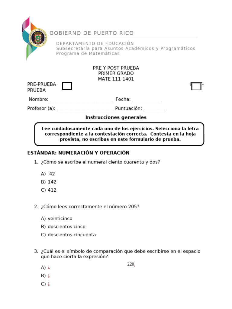 Pre Prueba Primer Grado 2022 | PDF | Matemáticas