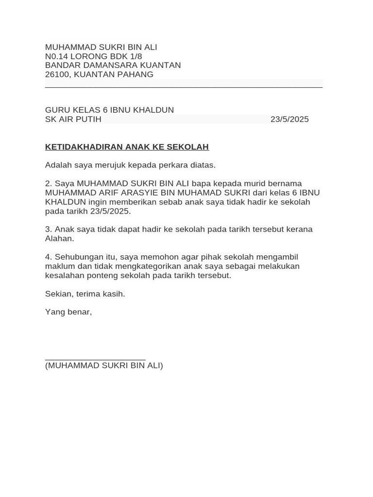Surat Cuti Sekolah untuk Anak | PDF