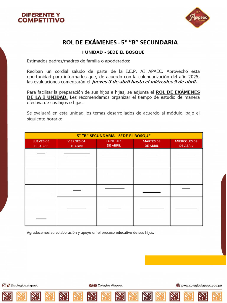 Rol de Exámenes I Unidad 5b Bosque | PDF