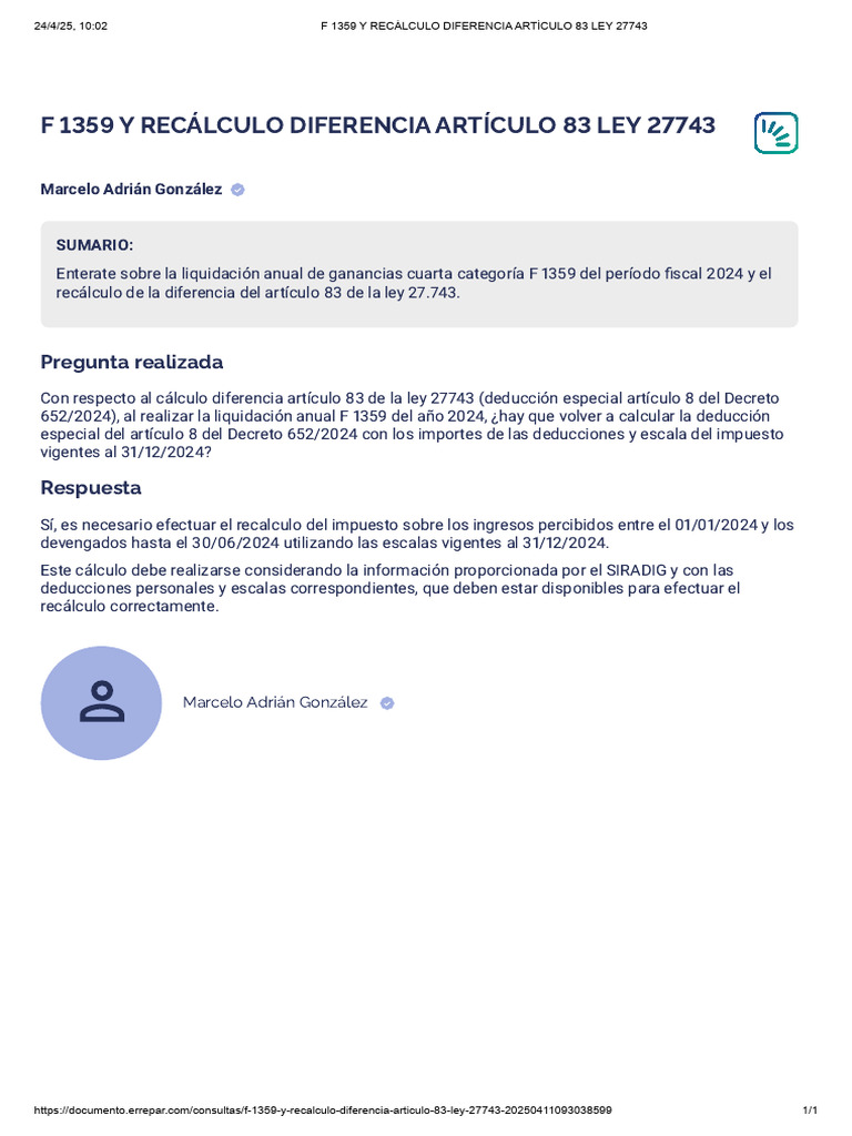 Recalculo F 1359 y Ley 27743 2024 | PDF