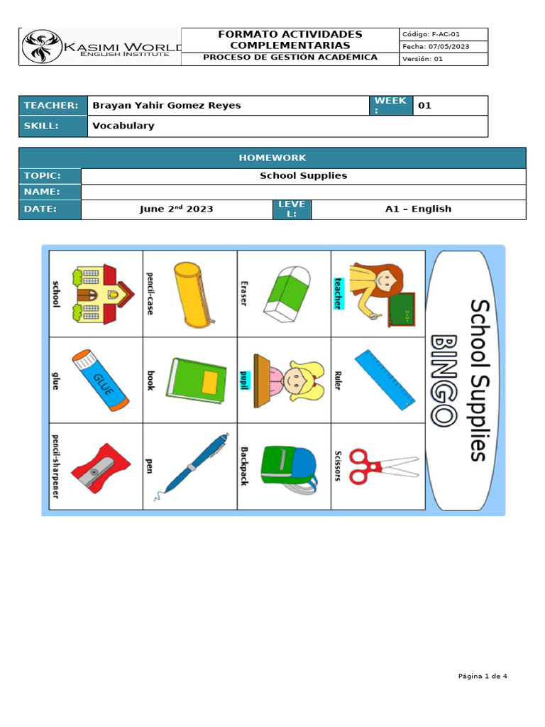 1- CLASSROOM OBJECTS COMPLEMENTARY ACTIVITY 01 | PDF