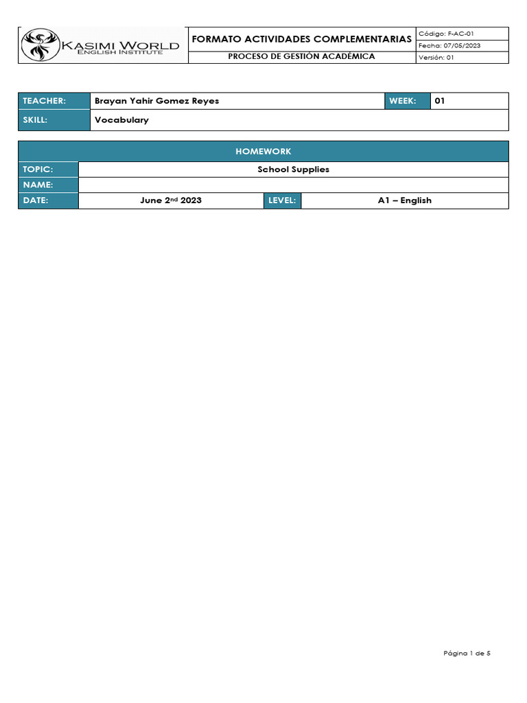 1- CLASSROOM OBJECTS COMPLEMENTARY ACTIVITY 01 | PDF