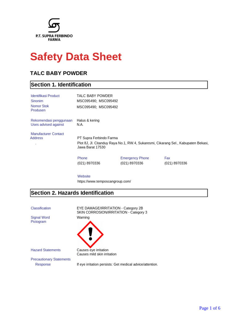 Talc Baby Powder Safety Data Sheet | PDF | Personal Protective ...