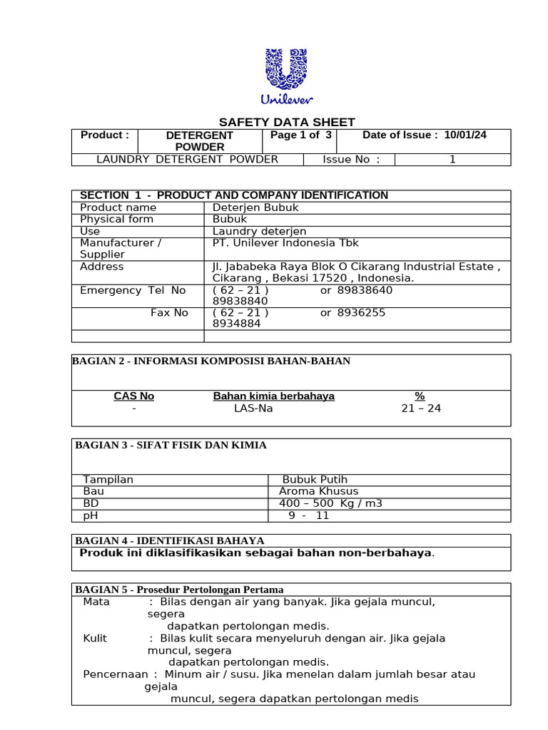 MSDS Deterjen Bubuk Laundry | PDF