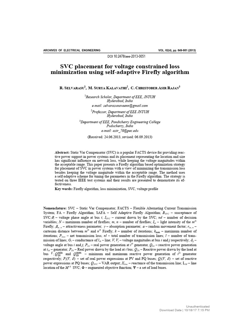 SVC Placement For Voltage Constrained Loss Minimization Using Self-Adaptive Firefly Algorithm ...
