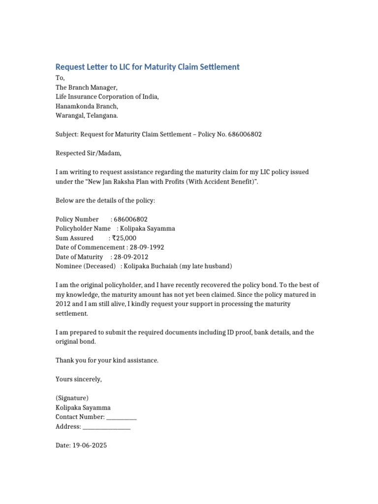 LIC Maturity Request Letter Kolipaka Sayamma | PDF