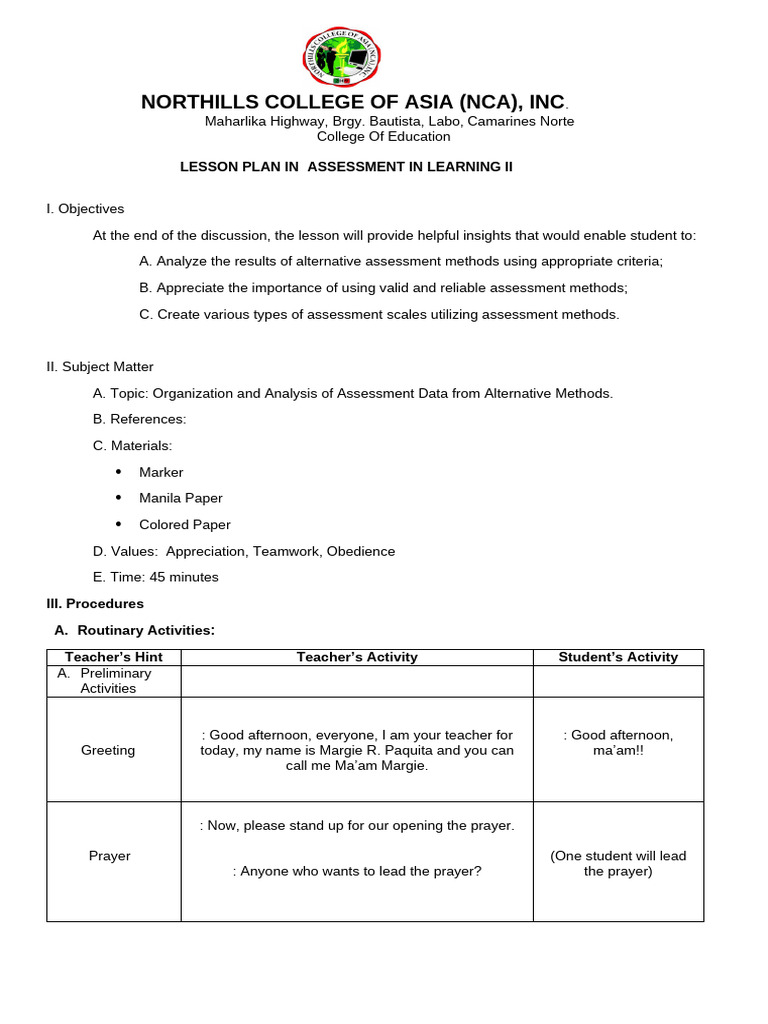 Lesson Plan: Assessment in Learning II | PDF | Likert Scale | Learning
