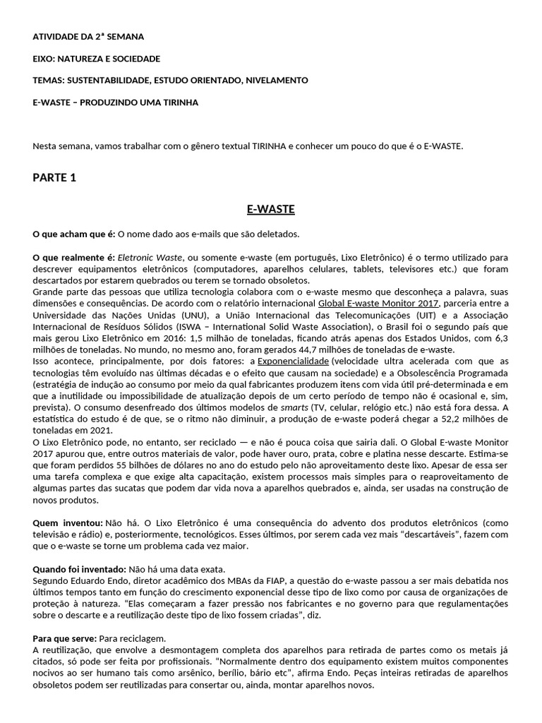 Atividade Da 2 Semana (Material de Estudo) | PDF | Lixo eletrônico | Desperdício