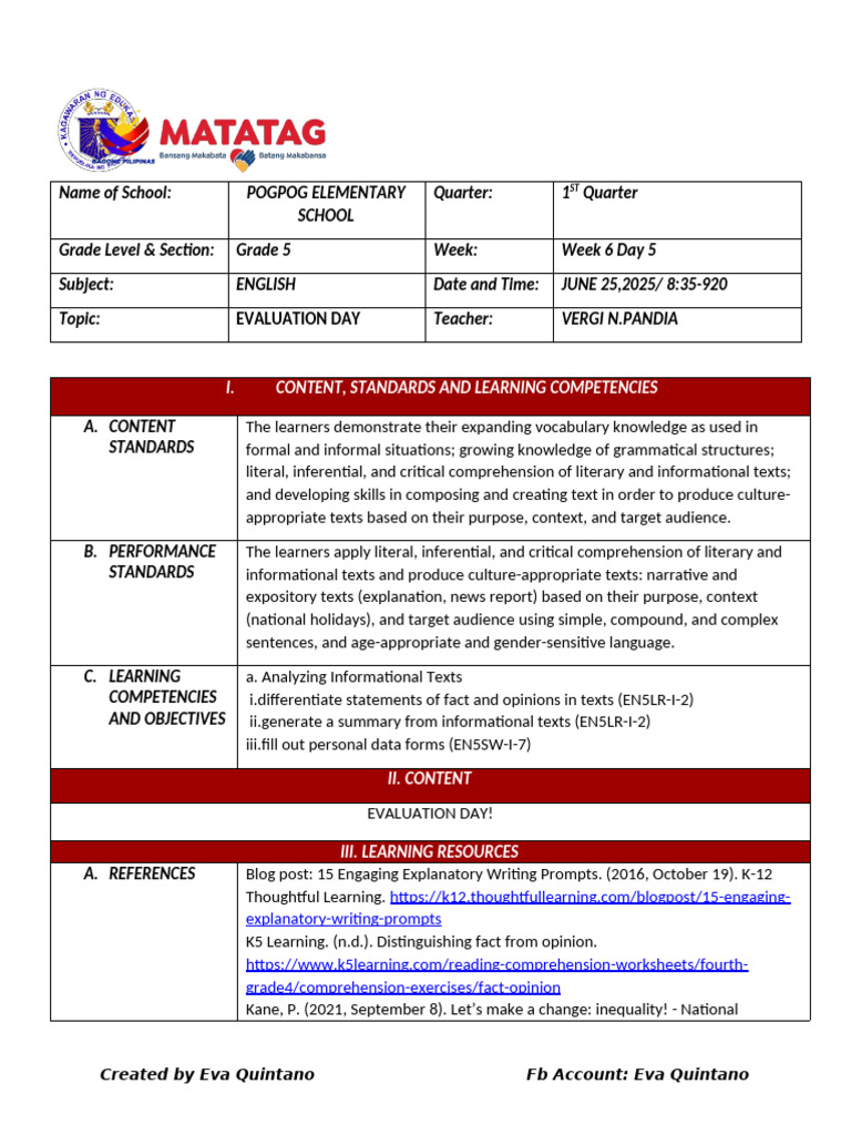 DLP q1 English 5 q1 w6 Day 5 | PDF | Learning | Information