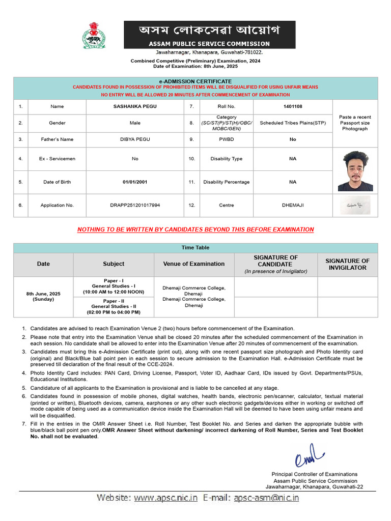 Sashanka Pegu_admitCard | PDF