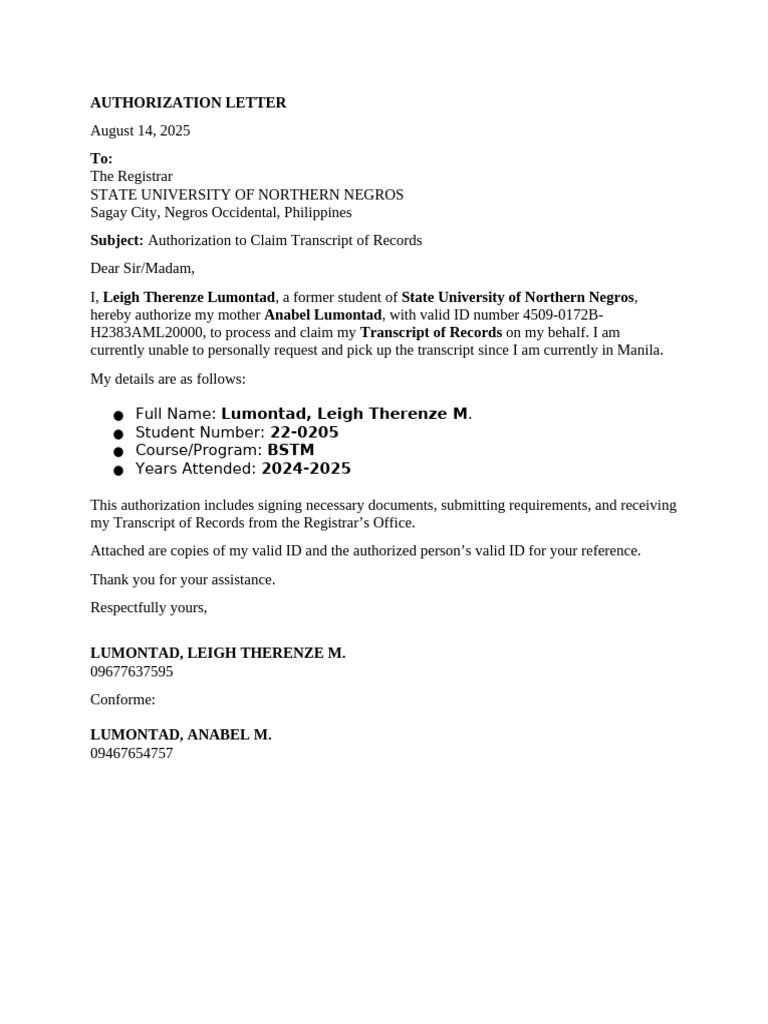 Authorization Letter for TOR Claim | PDF