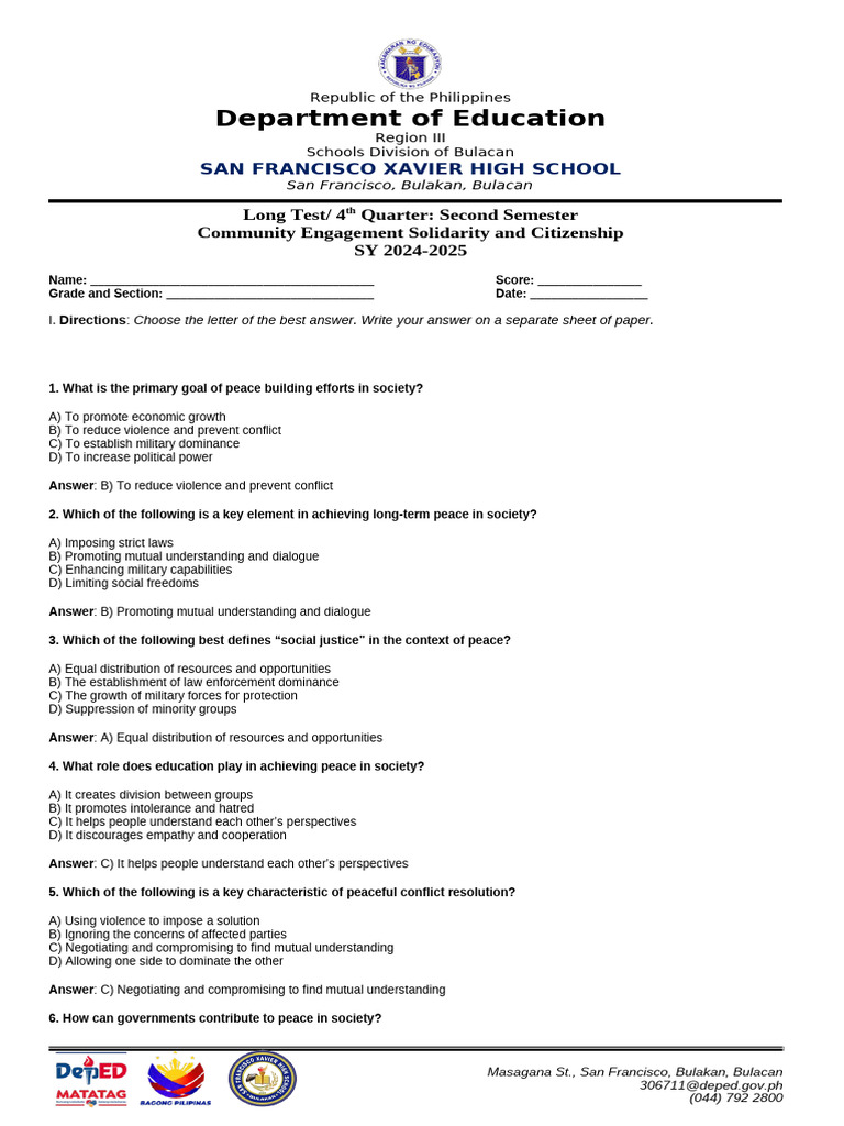 Peace Building Test for Students | PDF | Peace | Violence