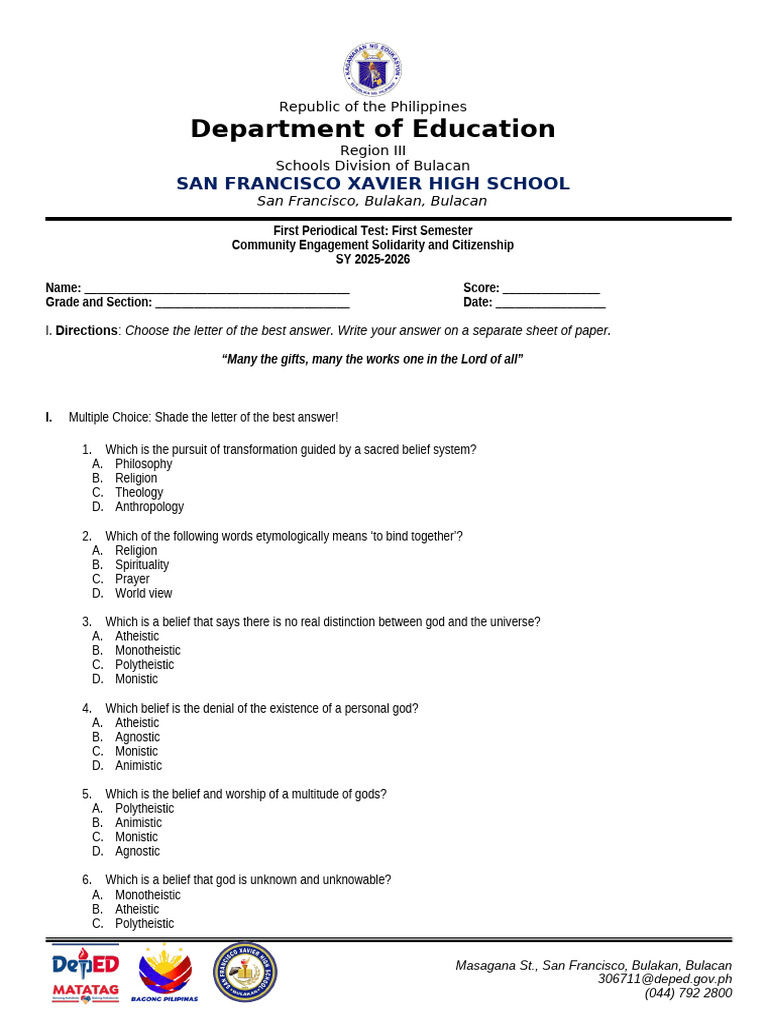 Periodical Test World Religions-Answer Key | PDF | Polytheism | Monotheism
