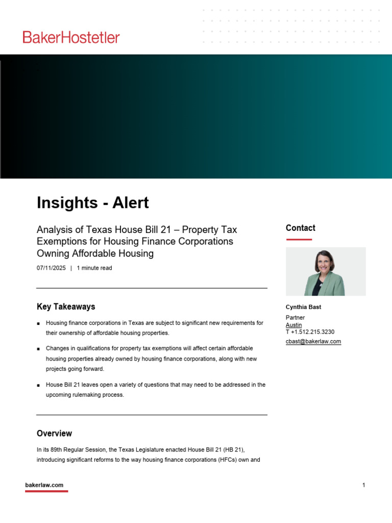 Analysis of Texas House Bill 21 %e2%80%93 Property Tax Exemptions for Housing Finance ...