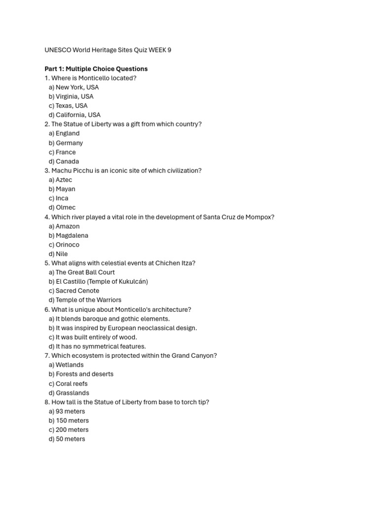 UNESCO World Heritage Sites Quiz WEEK 9 | PDF