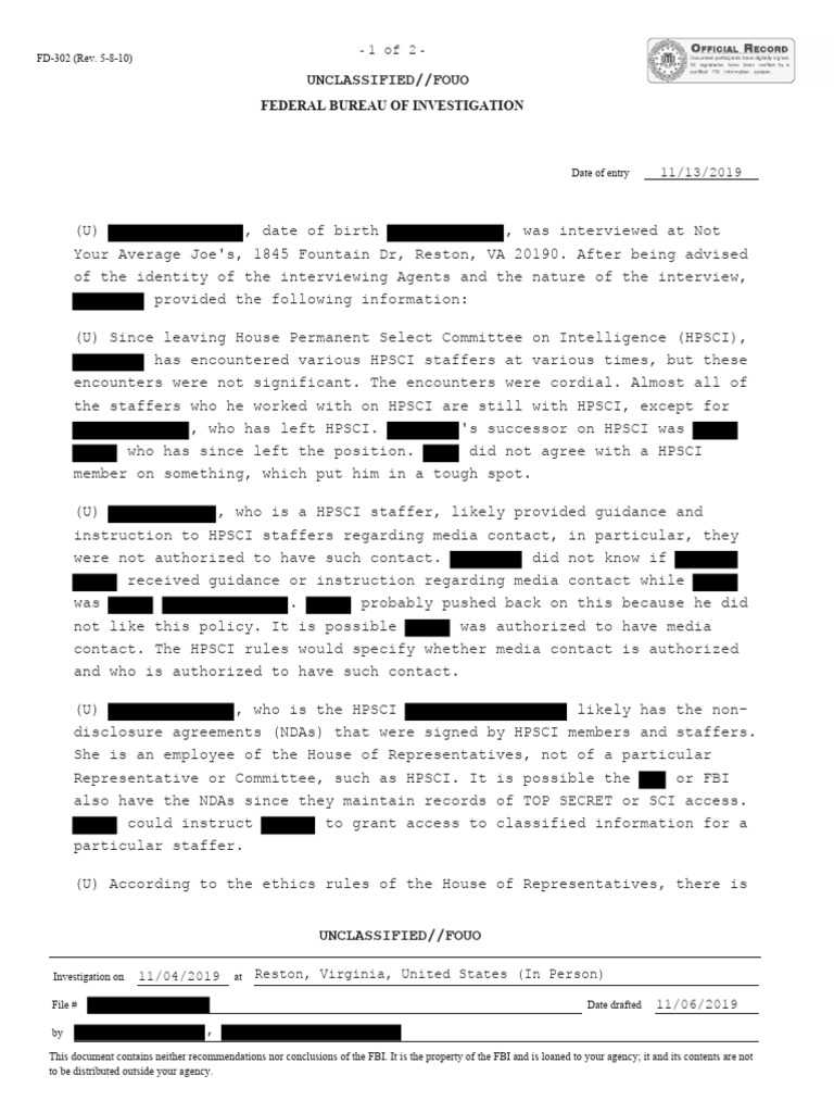 Adam Schiff Democratic HPSCI Staffer - FBI Interview Notes Russiagate ...