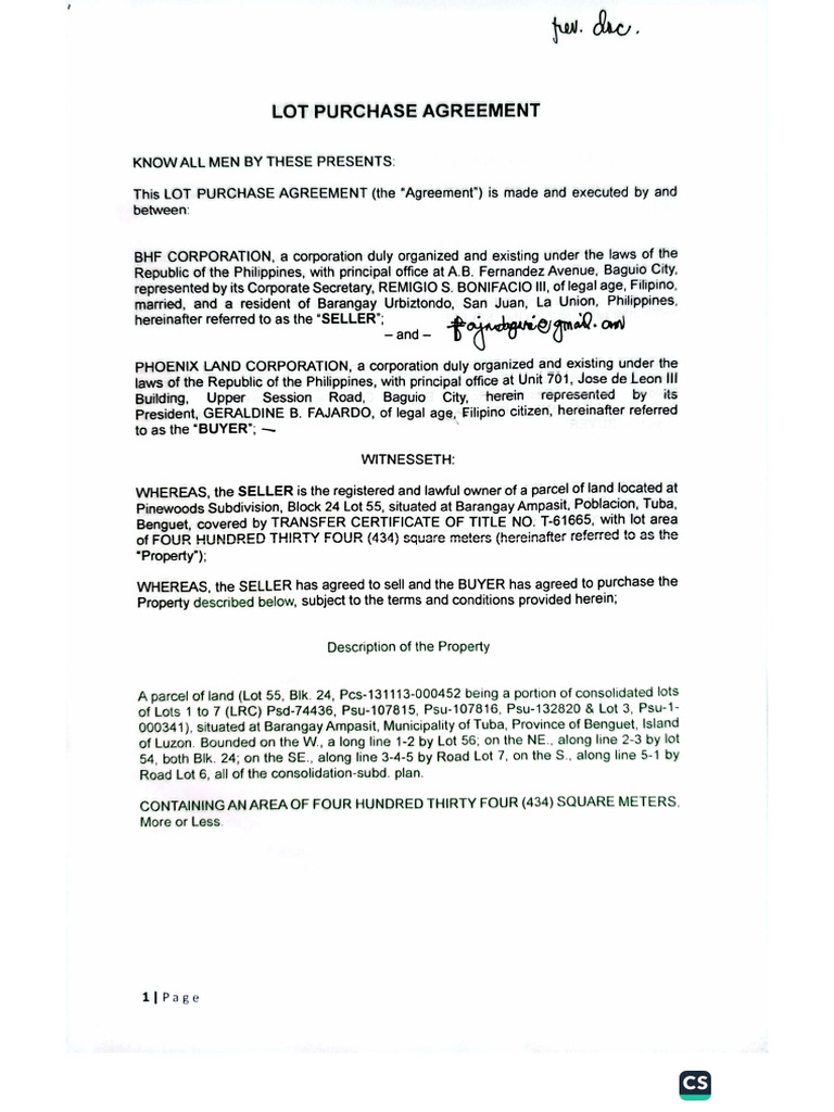 Lot Purchase Agreement | PDF