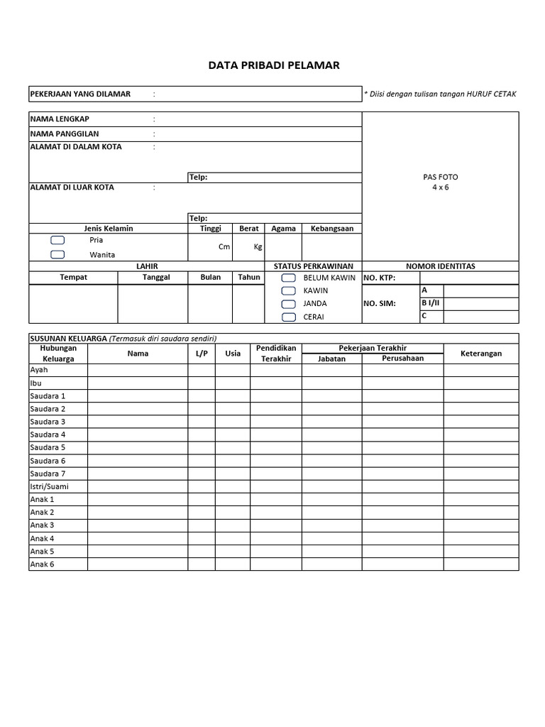 Form Data Pribadi Pelamar44 | PDF