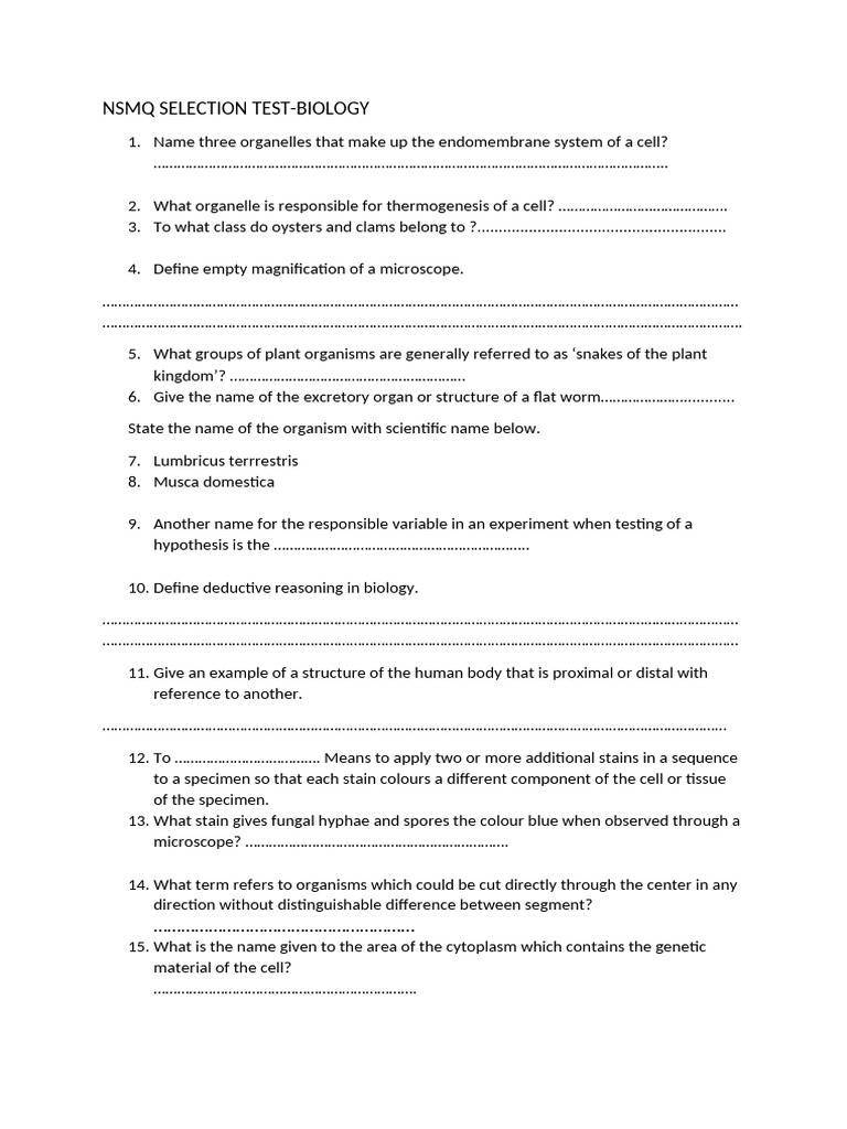 NSMQ Selection Test Biology | PDF | Staining | Biology