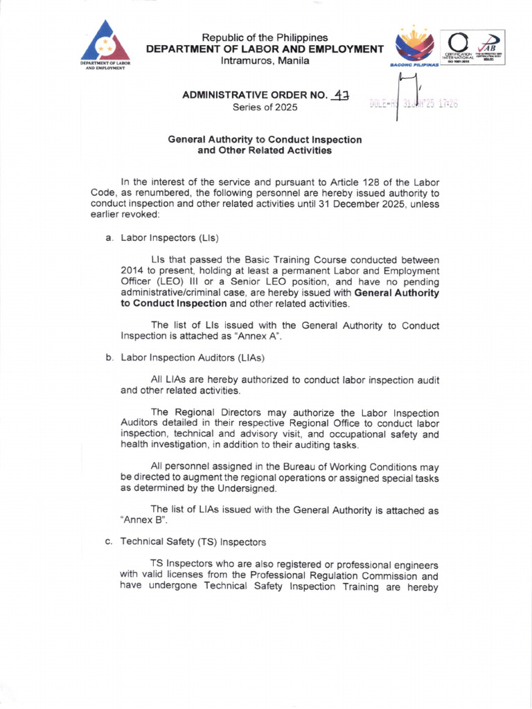 AO 47 25 General Authority To Conduct Inspection and Other Related ...