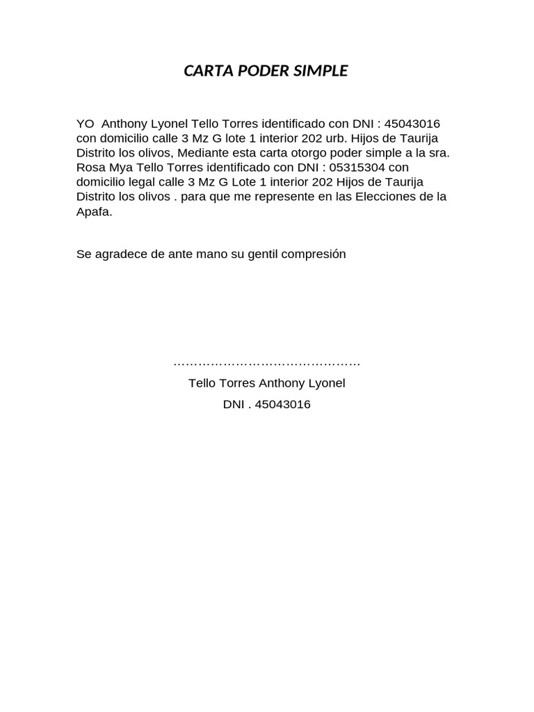 Carta Poder Simple para Elecciones APafa | PDF