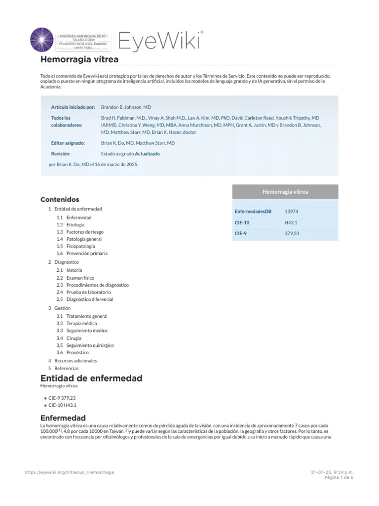 Hemorragia Vítrea - EyeWiki | PDF | Diabetes | Glaucoma