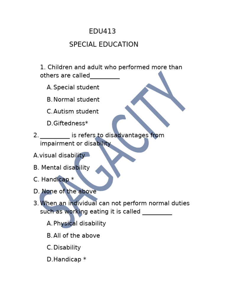 Special Education Quiz for EDU413 | PDF | Disability | Special Education