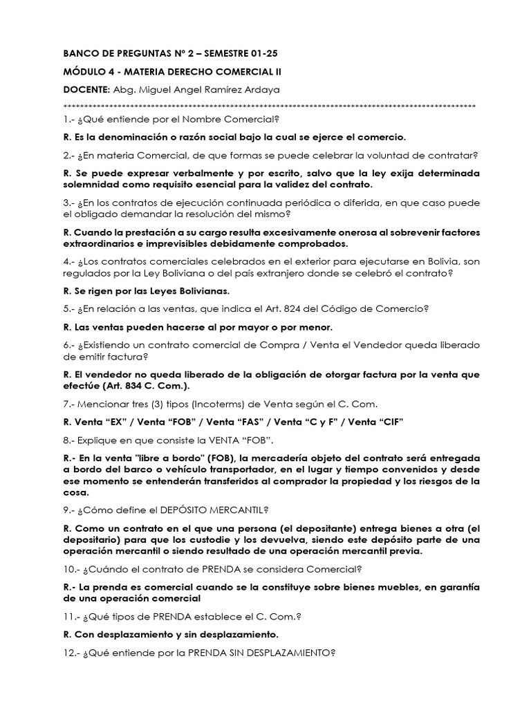 Banco de Preguntas - Segundo Parcial-D. Com II | PDF | Póliza de seguros | Seguro