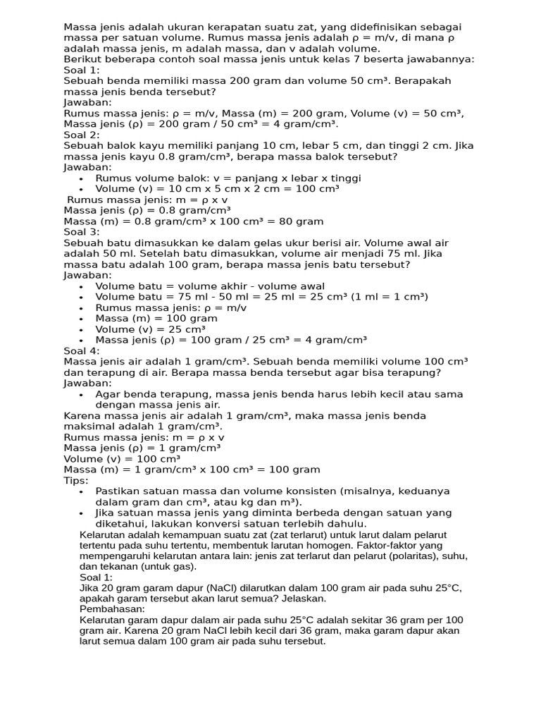 Contoh Soal Massa Jenis Kelas 7 | PDF