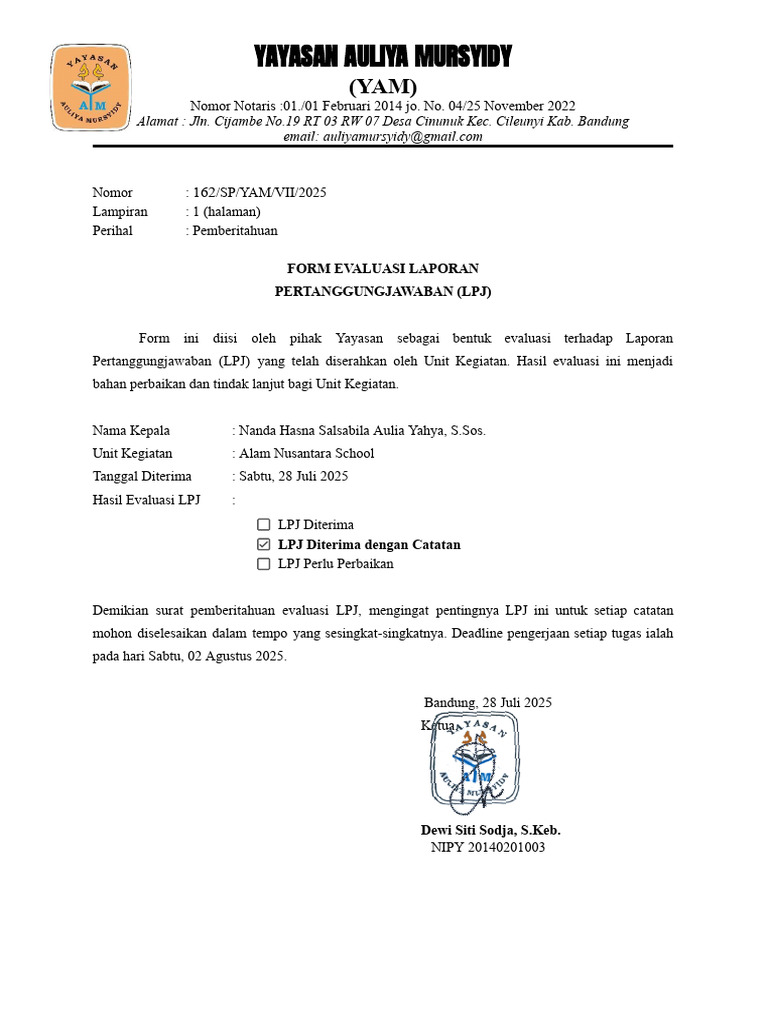 Evaluasi LPJ Yayasan Auliya Mursyidy | PDF