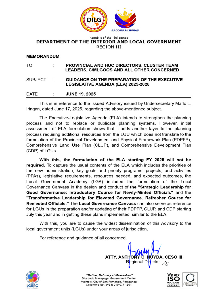 Guidance On The Preparation of The Executive-Legislative Agenda (Ela ...