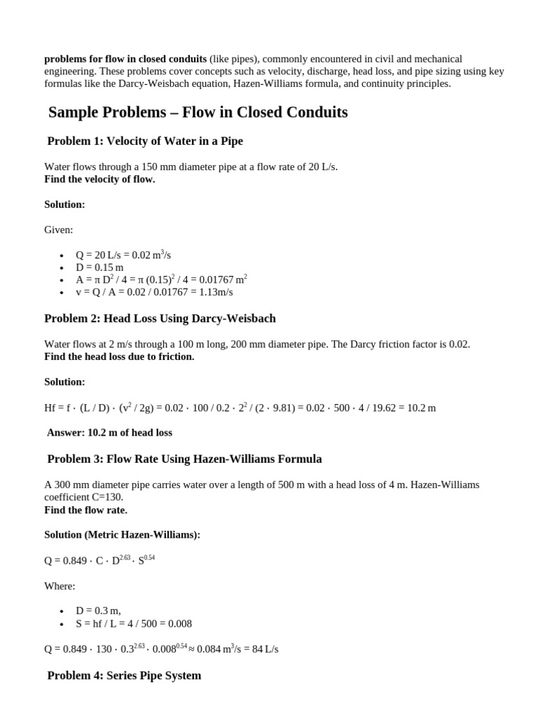Flow Problems in Closed Conduits | PDF | Liquids | Continuum Mechanics
