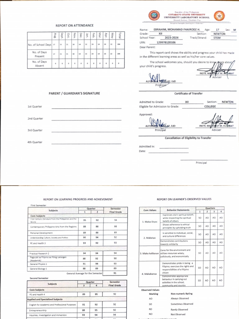 G12 Academic Report Card | PDF