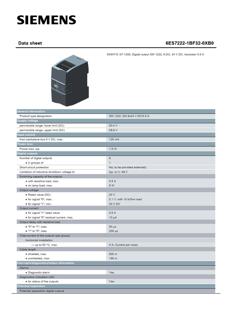 SM 1222 Digital Output Module Datasheet | PDF | Manufactured Goods ...