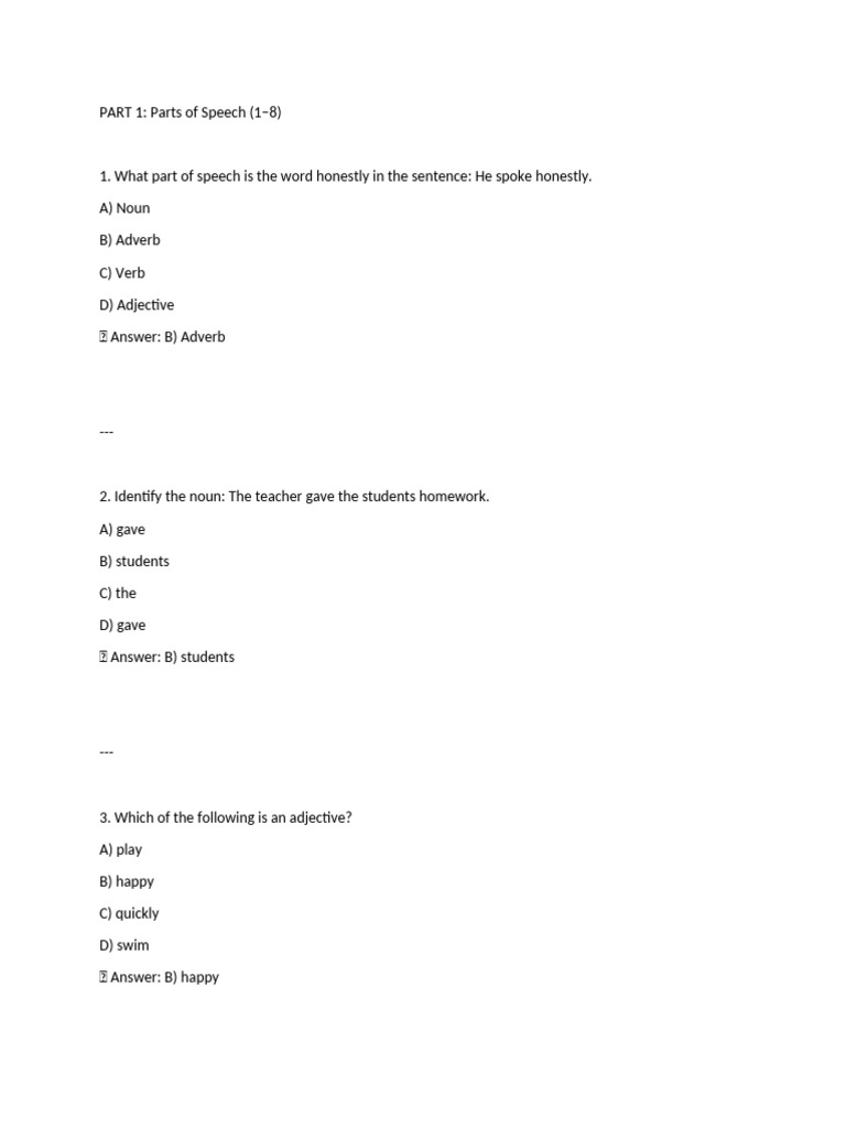 Parts of Speech and Verb Tenses Quiz | PDF | Part Of Speech | Adverb