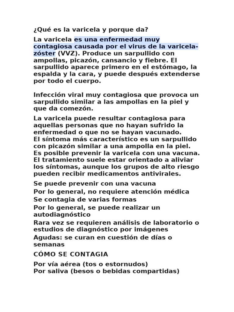 Varicela: síntomas, contagio y prevención | PDF