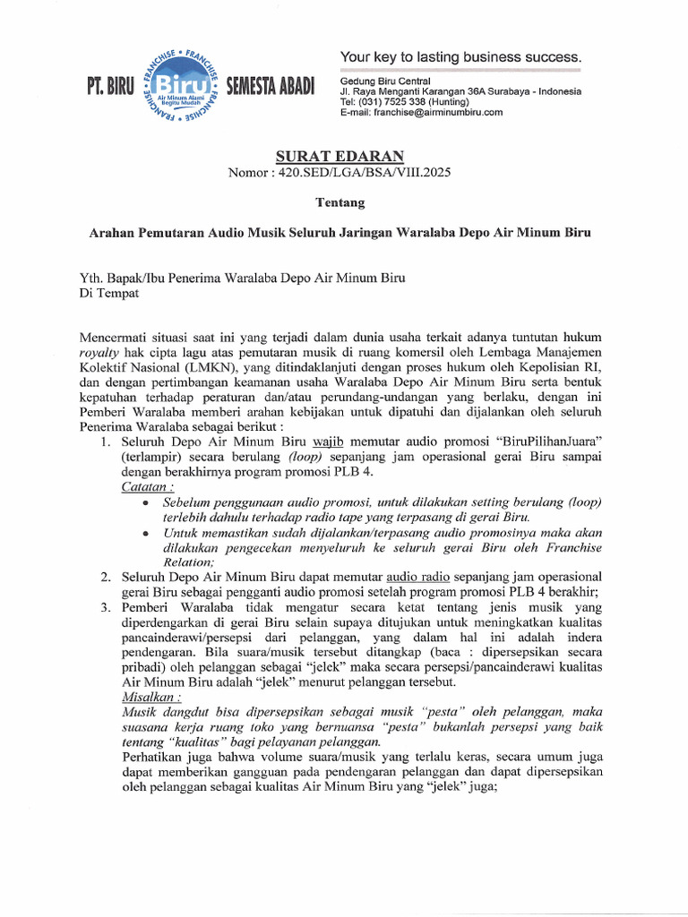 Surat Edaran - Arahan Pemutaran Musik Seluruh Jaringan Waralaba DAM ...