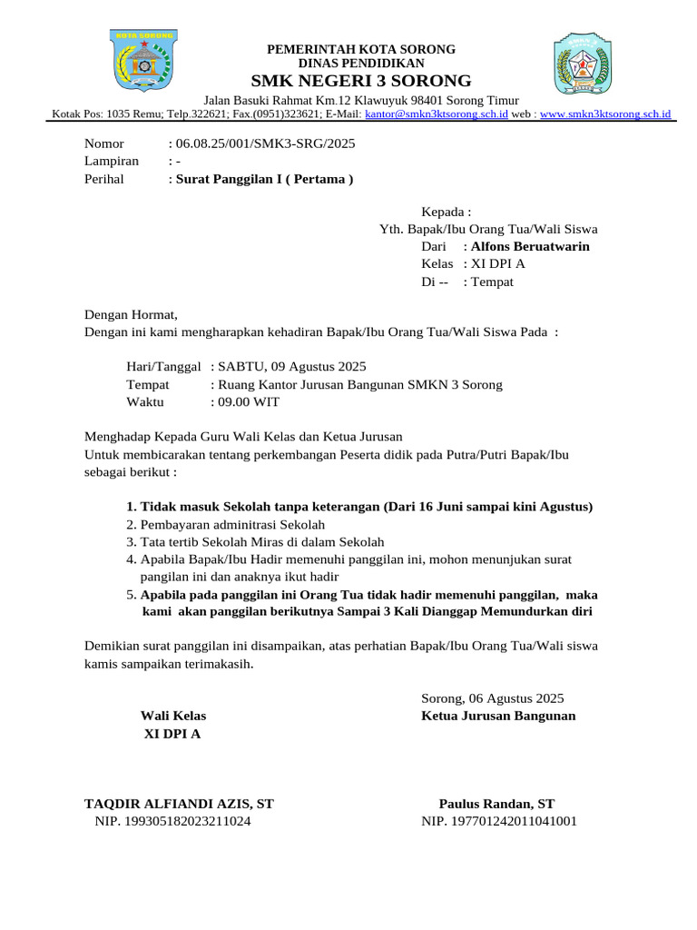 Surat Pangilan Siswa | PDF